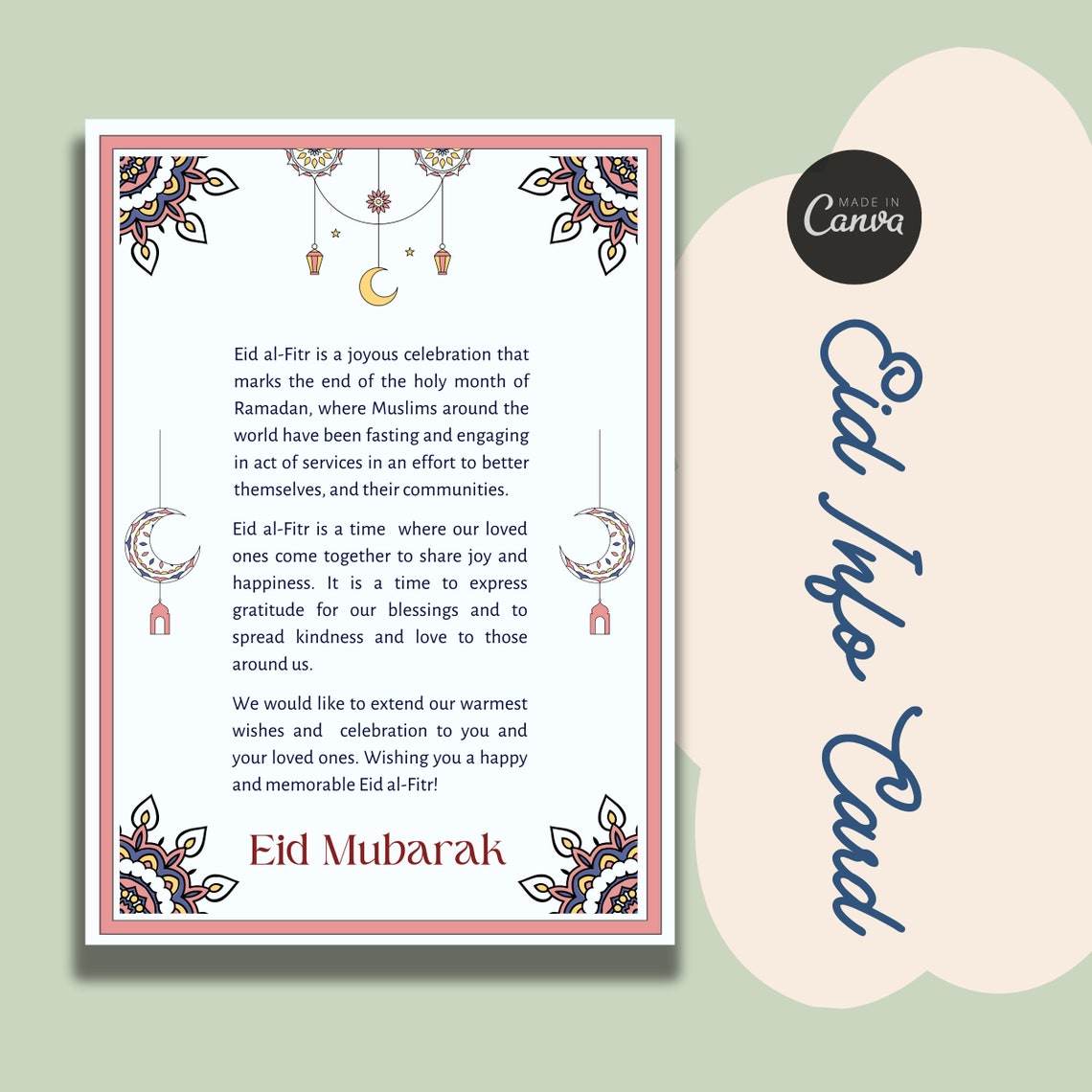 Happy Eid Mubarak Printable Card, Eid Info Card, Eid Al Fitr Digital ...