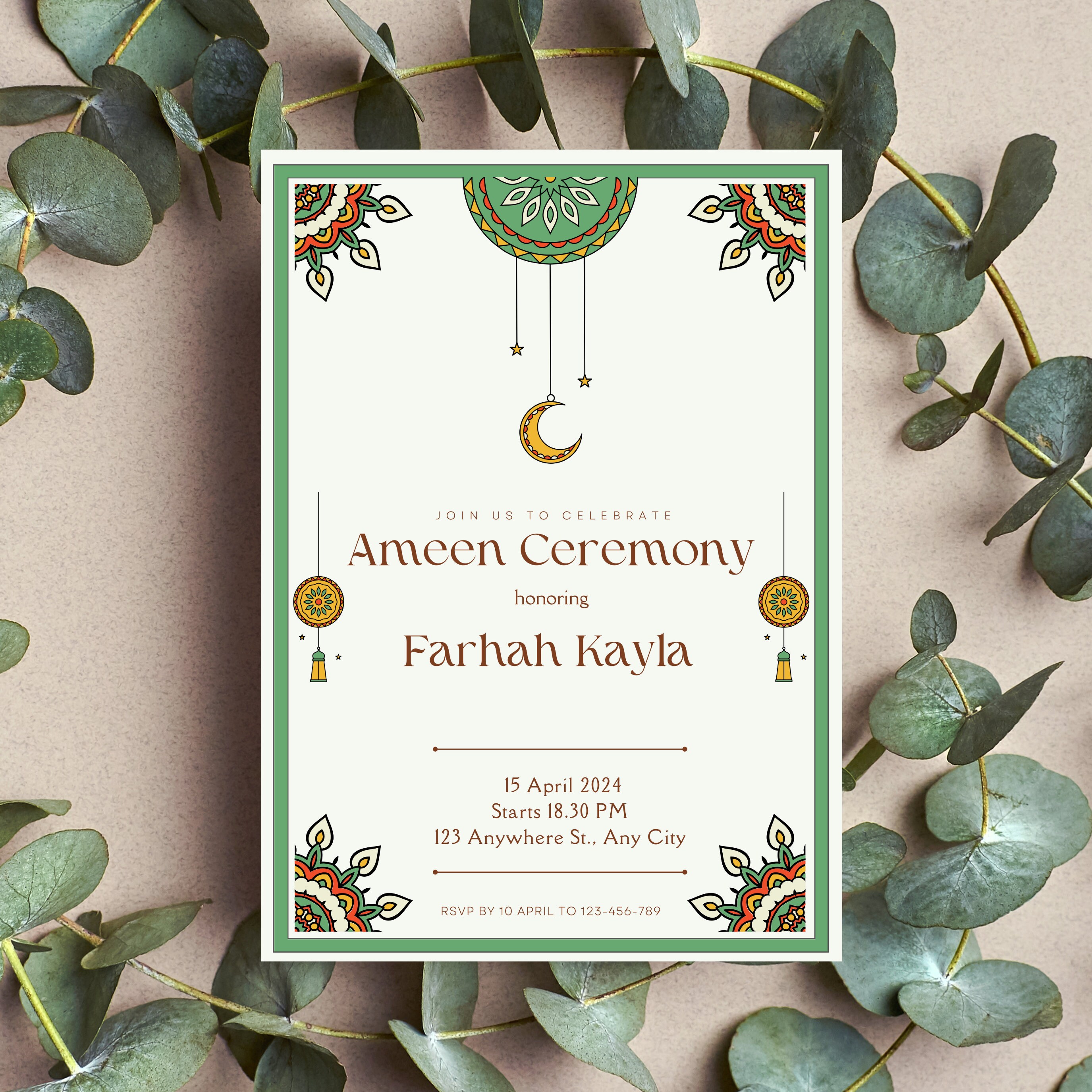 Green Ameen Ceremony Invitation Card 5 X 7 Inch Editable - Etsy