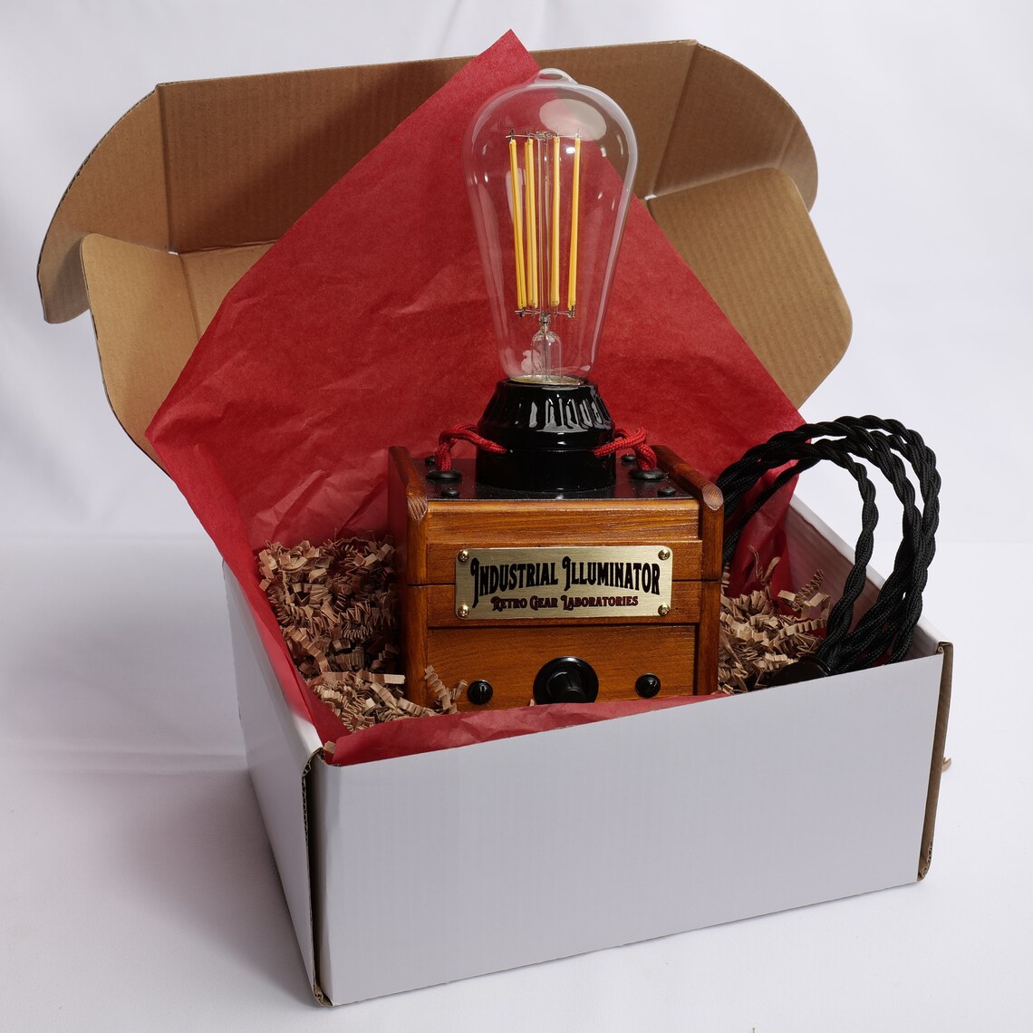 Industrial Desk Lamp Dimming LED Edison Bulb in a Wood and Hammered ...