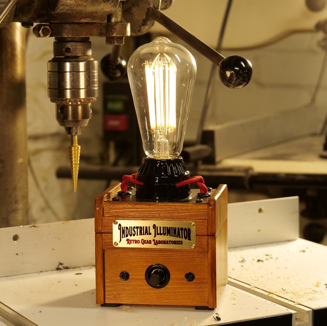 Industrial Desk Lamp - Dimming LED Edison Bulb in a Wood and Hammered ...