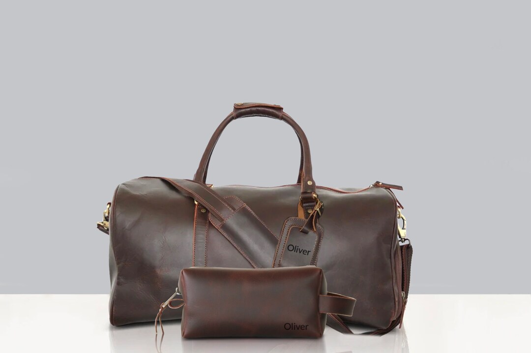 Personalized Leather Duffle Bag & Dopp Kit Set, Full Grain Cowhide ...