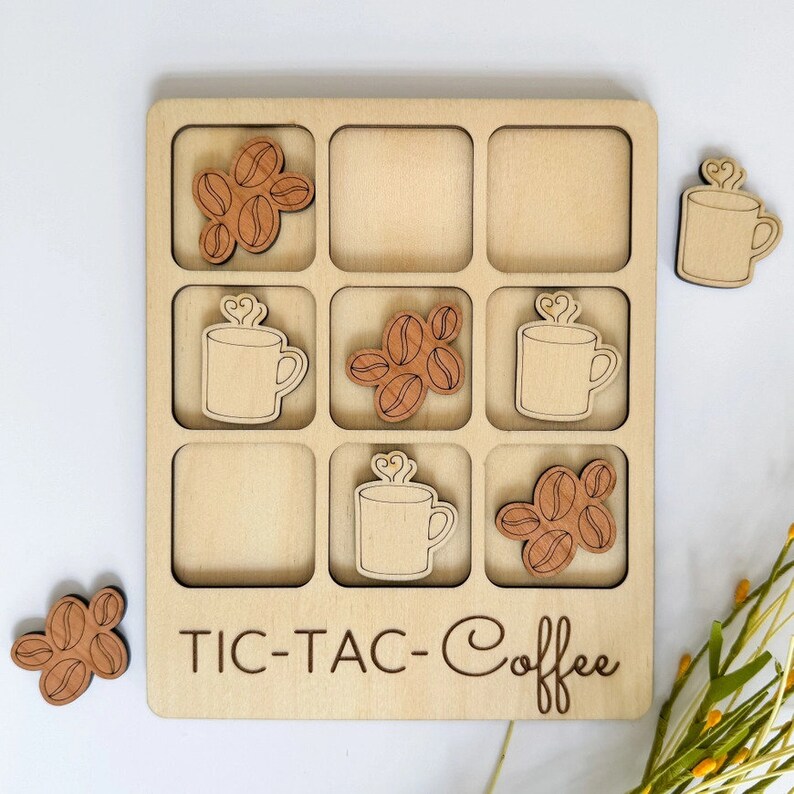 Coffee Themed Tic-tac-toe Wooden Board Game Set for Coffee Lovers Birch ...