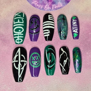 ATEEZ Atiny Purple and Green Themed Hand Painted Luxury Press on Nails ...