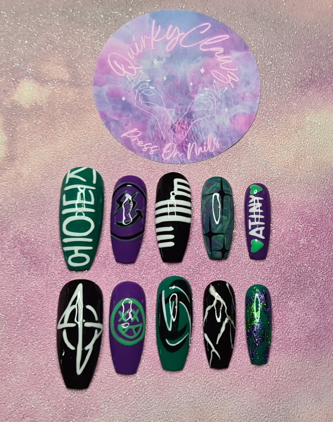 ATEEZ Atiny Purple and Green Themed Hand Painted Luxury Press on Nails ...