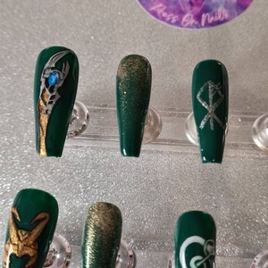 Loki Inspired Green and Gold Hand Painted Press on Nails - Etsy