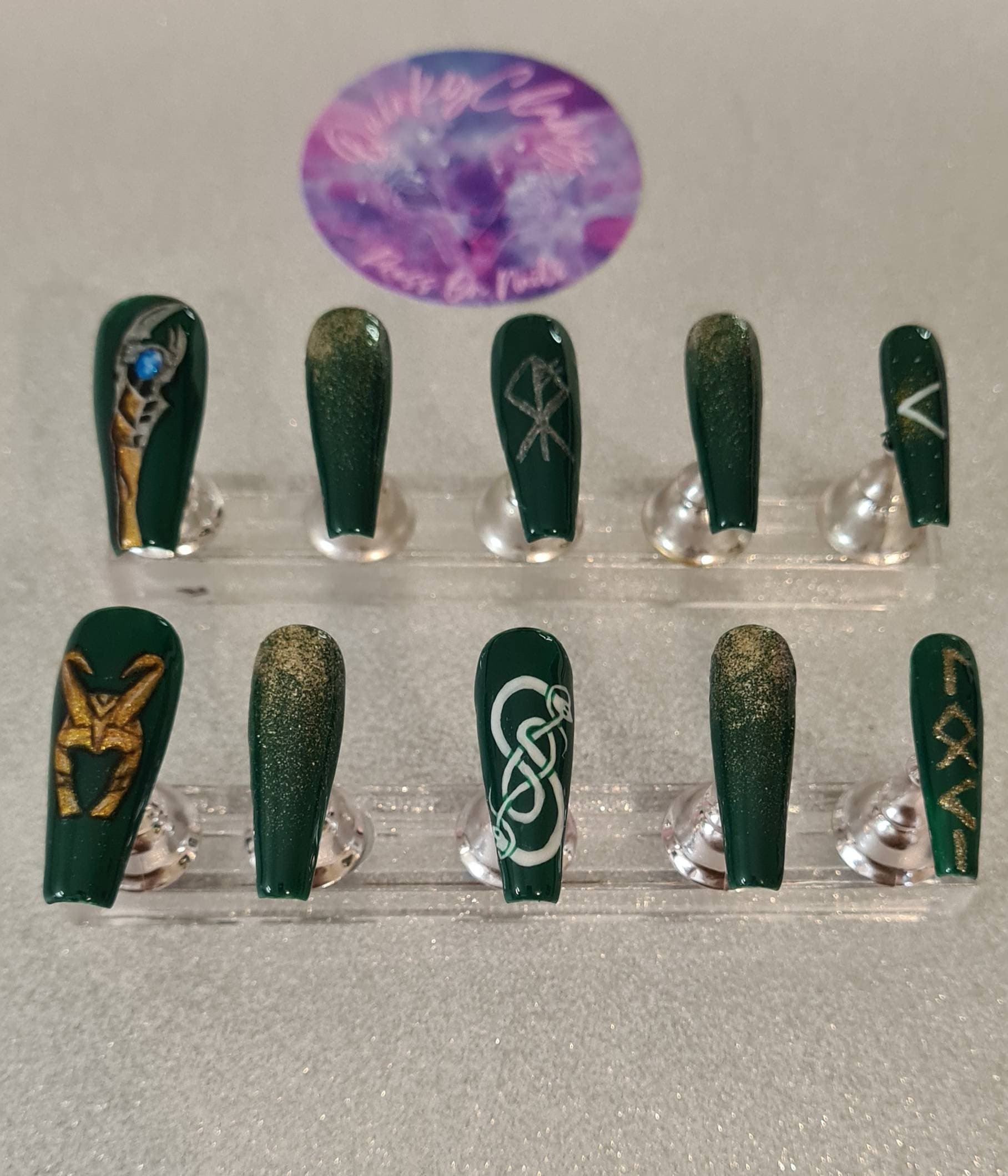 Loki Inspired Green and Gold Hand Painted Press on Nails - Etsy