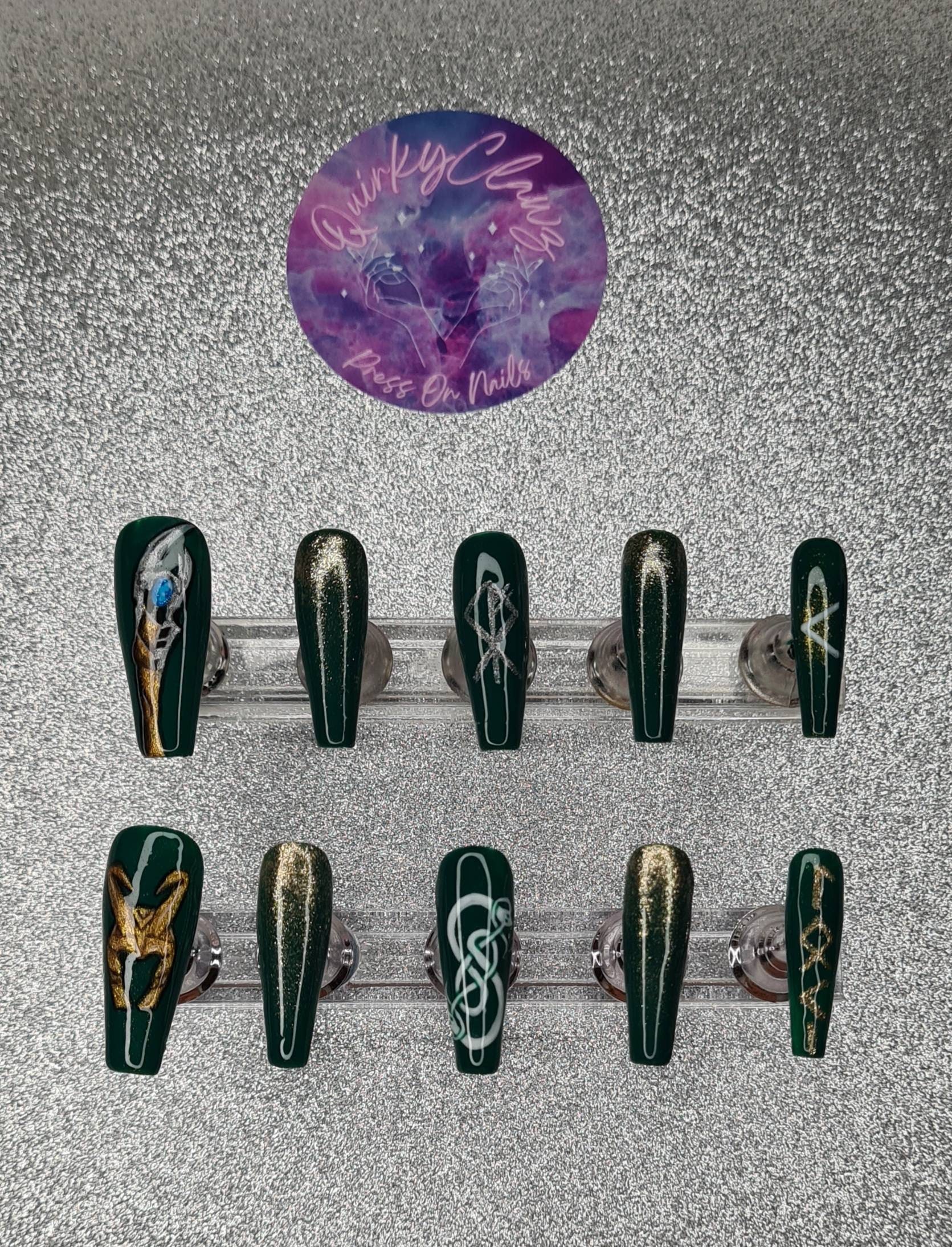 Loki Inspired Green and Gold Hand Painted Press on Nails - Etsy