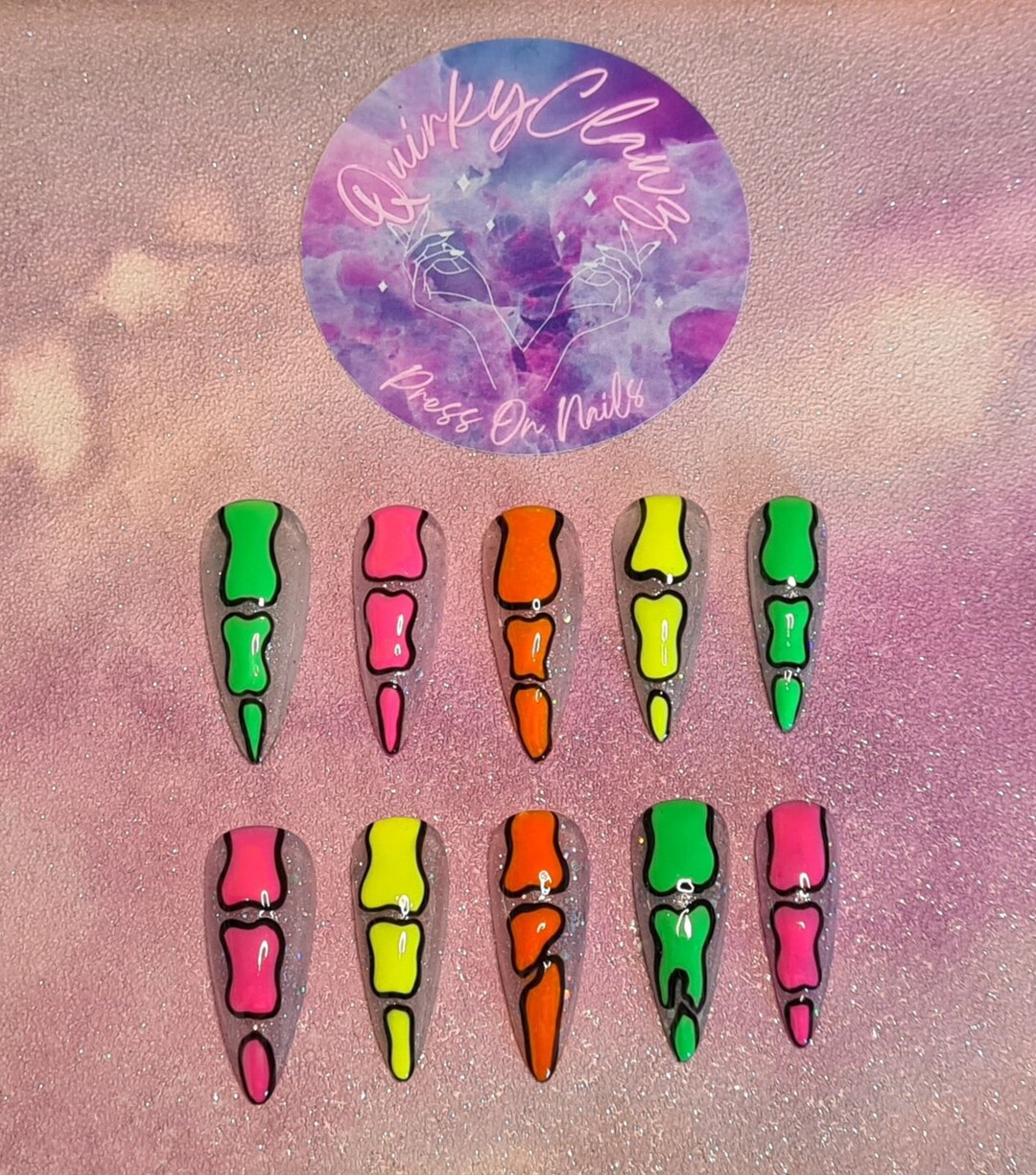 Neon Glitter Skeleton Finger Bone Spooky Cute Hand Painted Press on ...