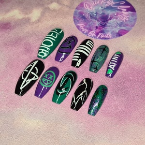 ATEEZ Atiny Purple and Green Themed Hand Painted Luxury Press on Nails ...