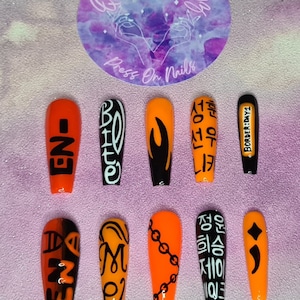Enhypen K-pop Orange and Black Themed Hand Painted Luxury Press on ...