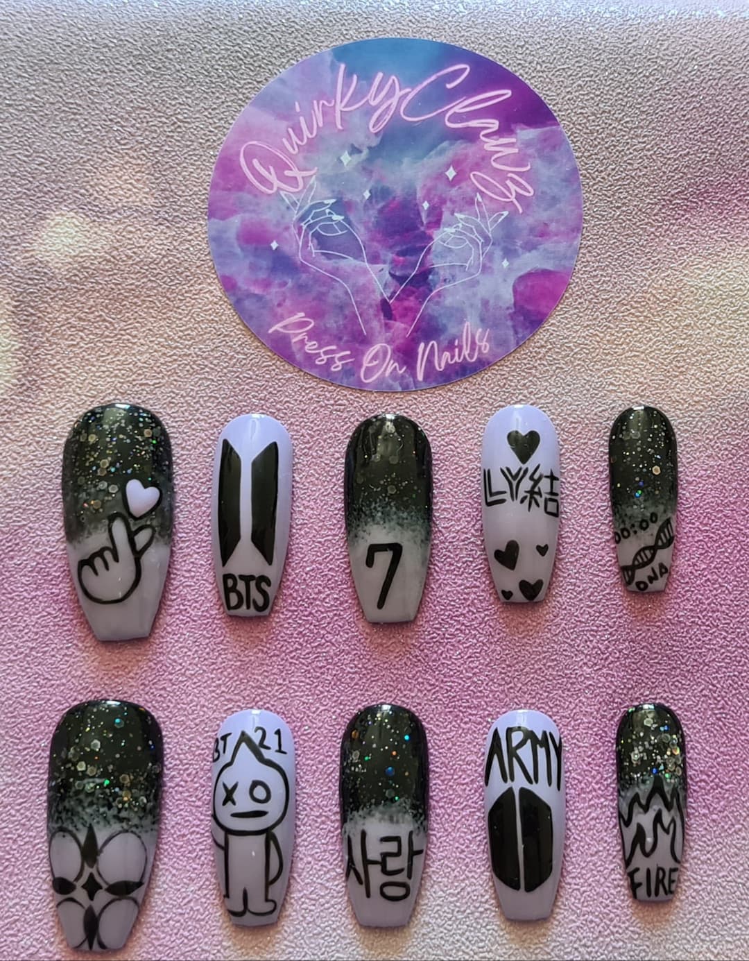BTS Army K-pop Black and Purple Themed Hand Painted Press on Nails - Etsy
