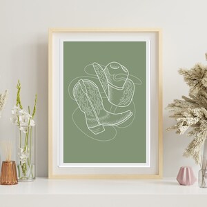 Green Cowgirl Boots Hat Print, Retro Western Print, Western Boho Wall ...