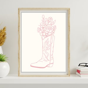 Pink Cowboy Boots Print, Digital Print, Beachy Pink Floral Wall Art ...