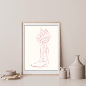 Pink Cowboy Boots Print, Digital Print, Beachy Pink Floral Wall Art ...