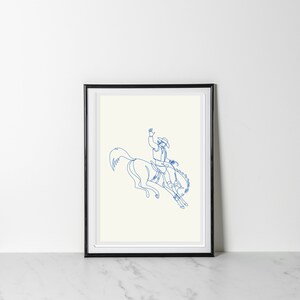 Vintage Western Bucking Bronco Line Art, Digital Print, Blue Neutral ...
