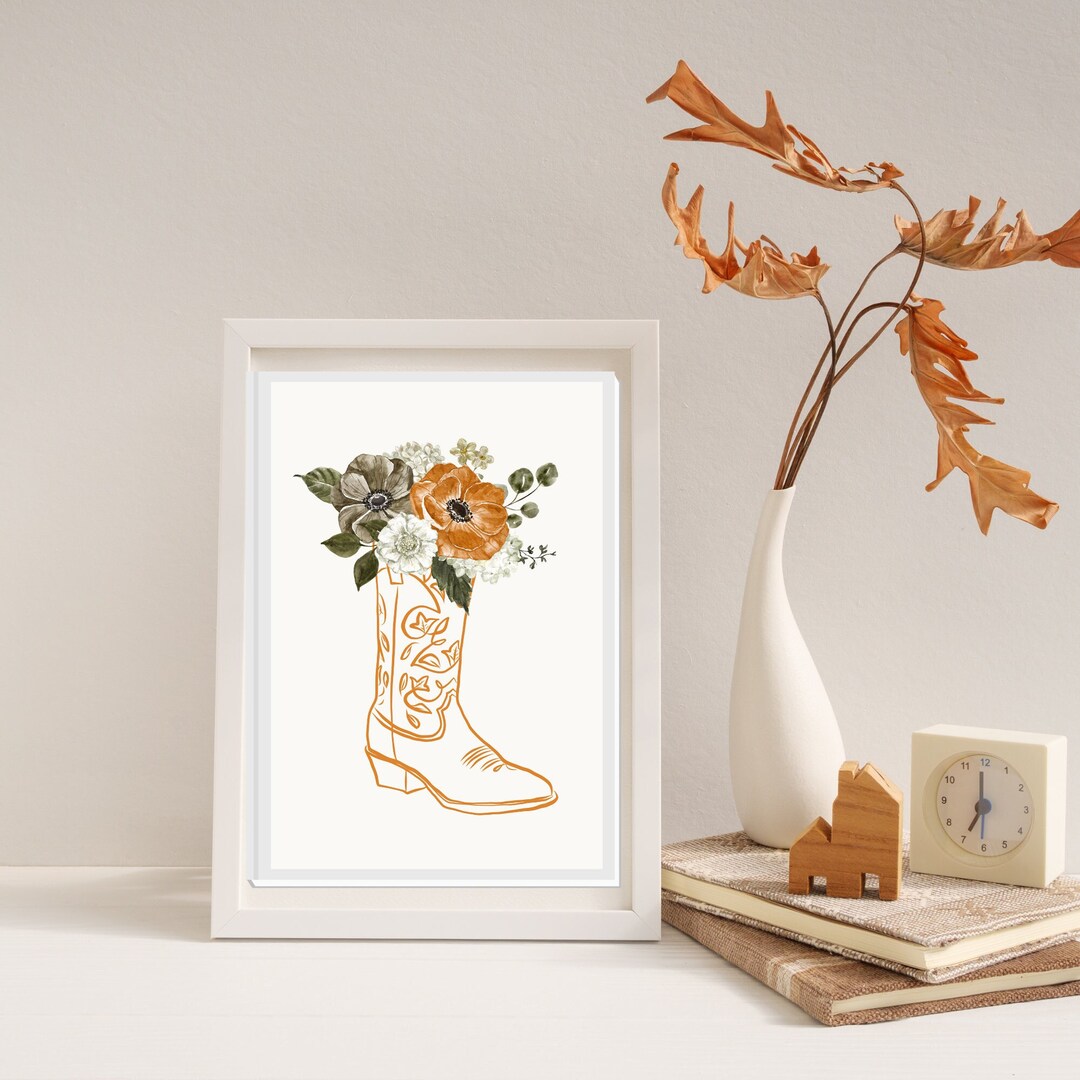 Cowgirl Boot Art, Western Boho Wall Art, Orange Neutral Cowgirl Wall ...