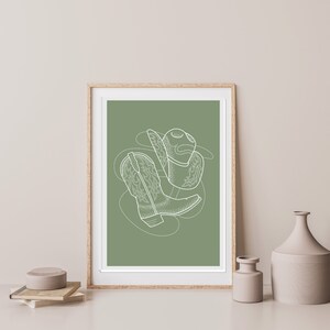 Green Cowgirl Boots Hat Print, Retro Western Print, Western Boho Wall ...