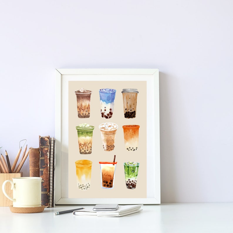 Bubble Tea Art Printable Kitchen Decor Watercolor Boba Drink - Etsy