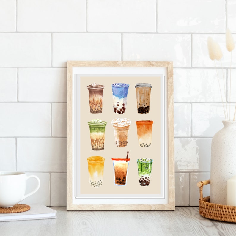 Bubble Tea Art Printable Kitchen Decor Watercolor Boba Drink - Etsy