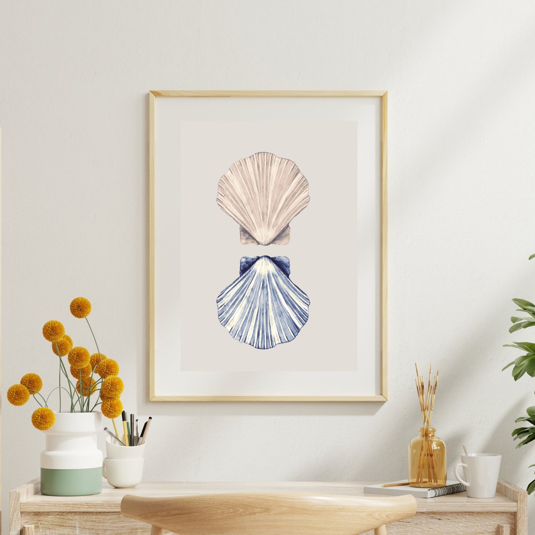 Coastal Light Beige Blue Seashell Wall Art, Beach House Decor, Coastal ...