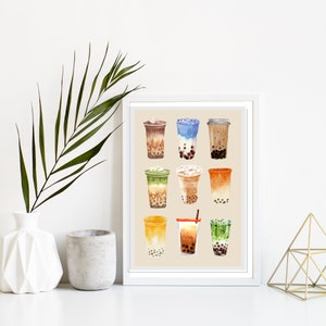 Bubble Tea Art Printable, Kitchen Decor, Watercolor Boba Drink Art ...