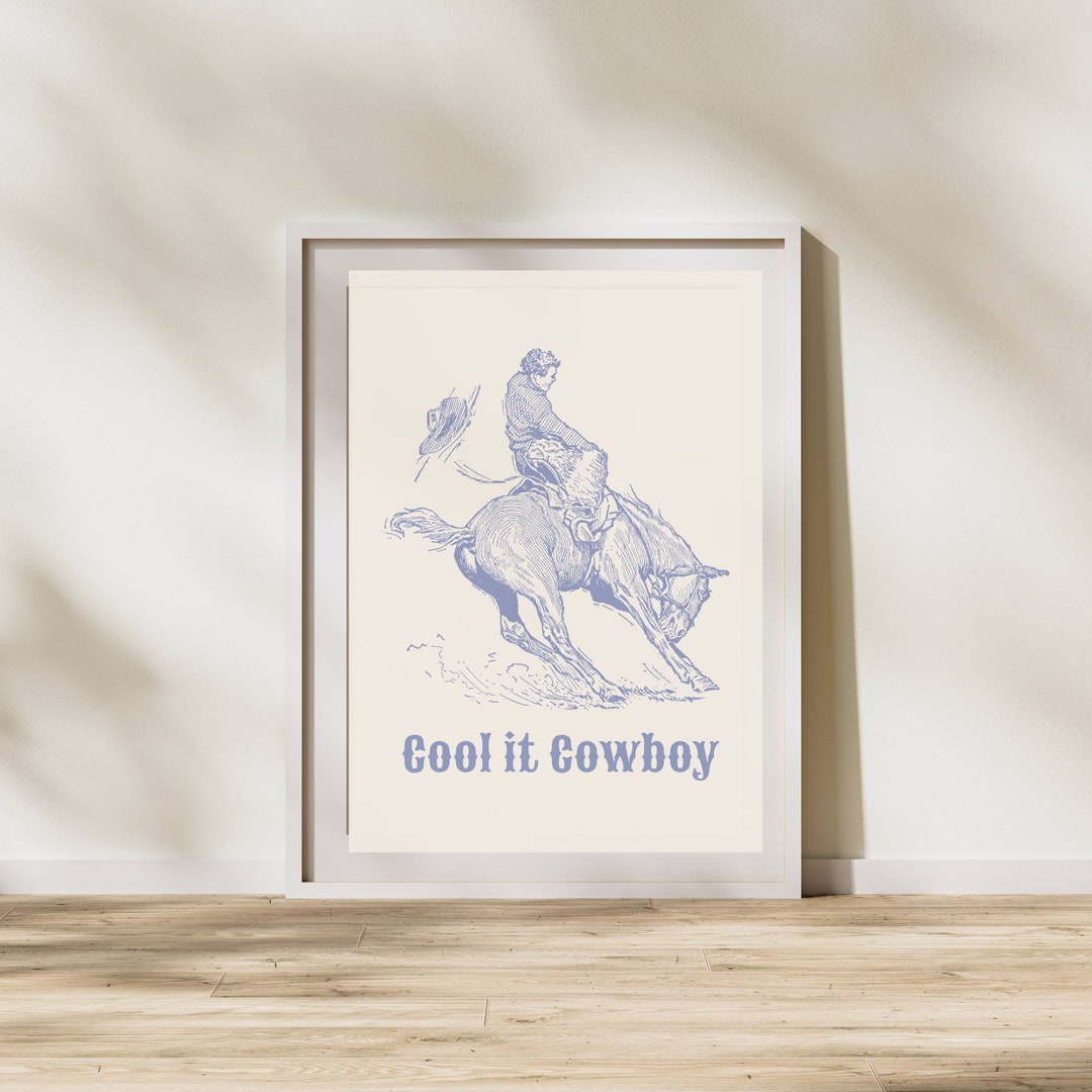 Cowboy Bucking Bronco Line Art Printable Art Blue Neutral - Etsy