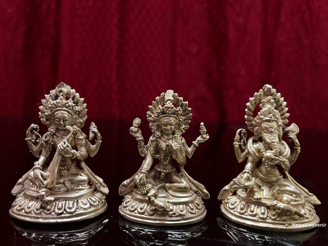 Nepali Rustic Goddess Saraswati, Lakshmi, Lord Ganesh Set Brass Statue ...