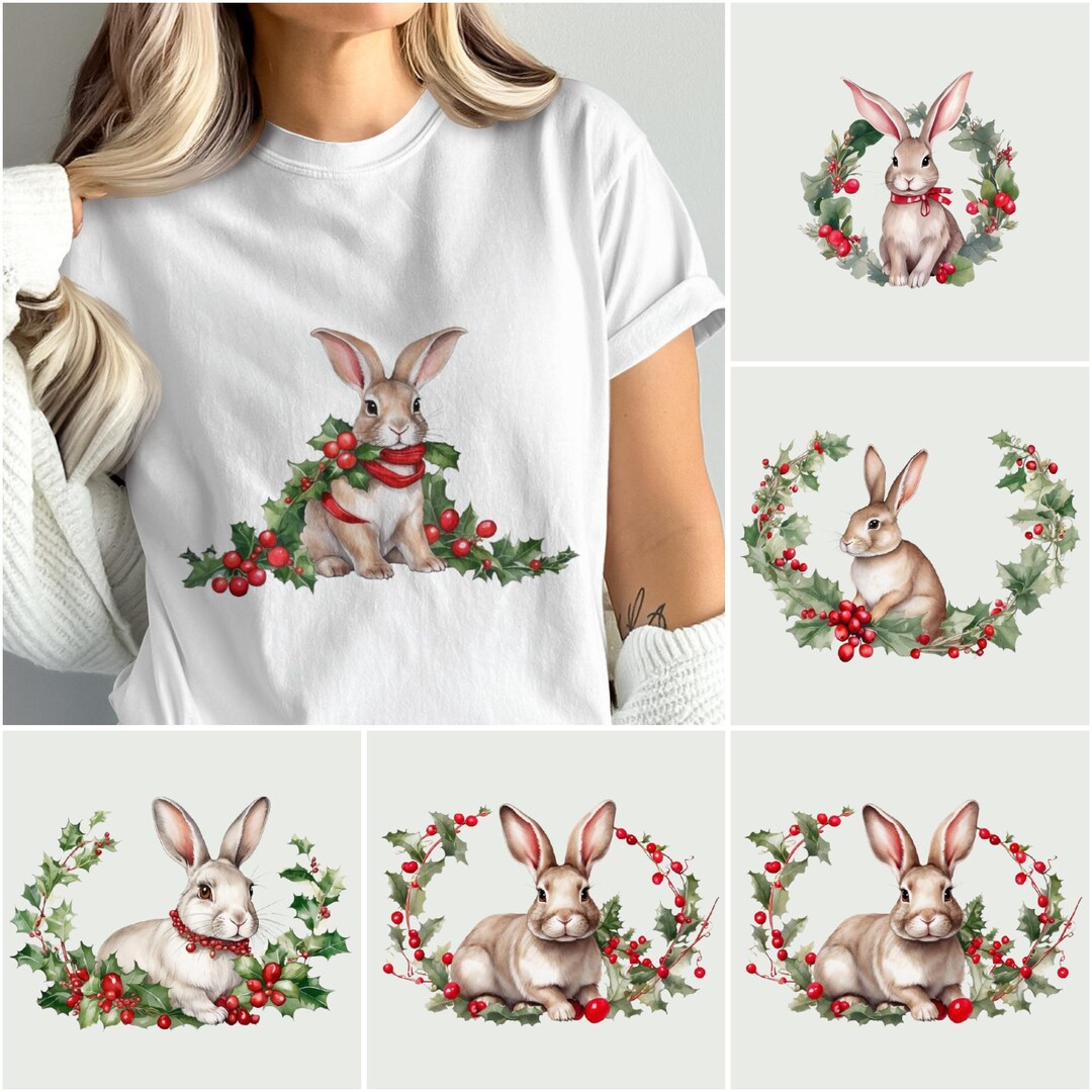 Christmas Rabbit PNG, Bunny Clip Art, Holiday Rabbit PNG, Winter Wreath ...