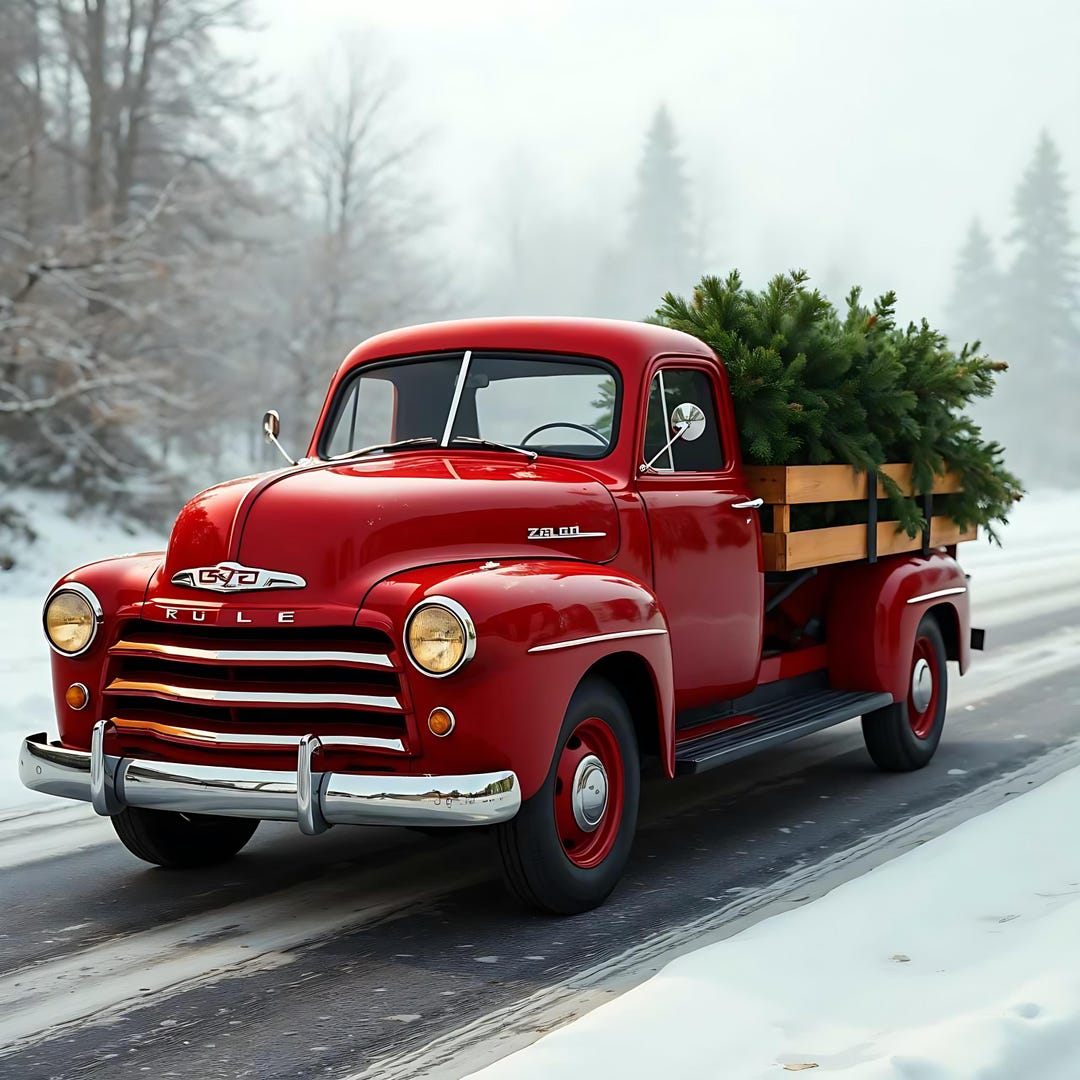 Red Truck Christmas Tree, Vintage Digital Art, Holiday Home Decor ...