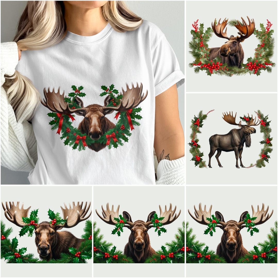 Christmas Moose PNG, Holiday Moose Clipart, Moose With Holly Wreath ...