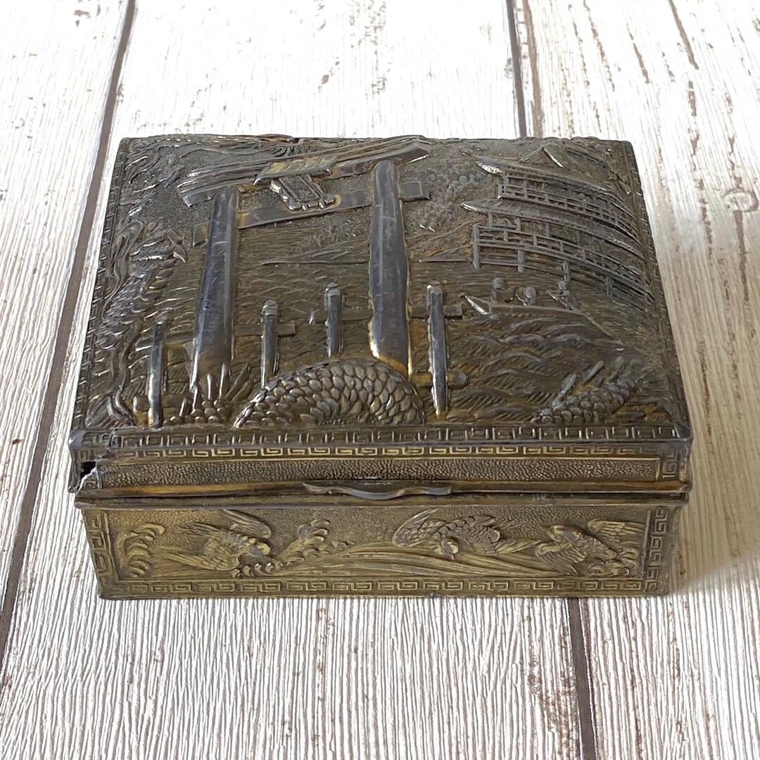 Vintage White Metal Japanese Cigarette Box Trinket Box With Shinto Gate ...