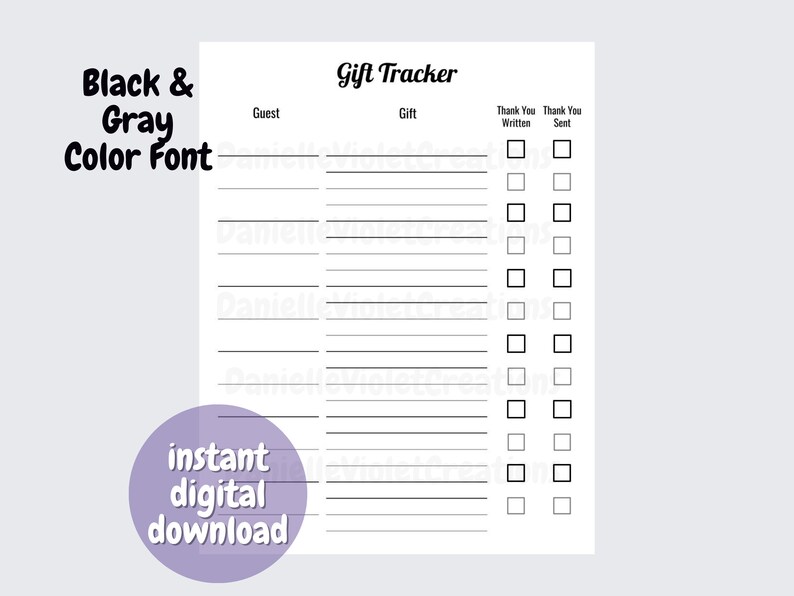 Digital Download for Printable Gift Tracker for Bridal Shower, Wedding ...