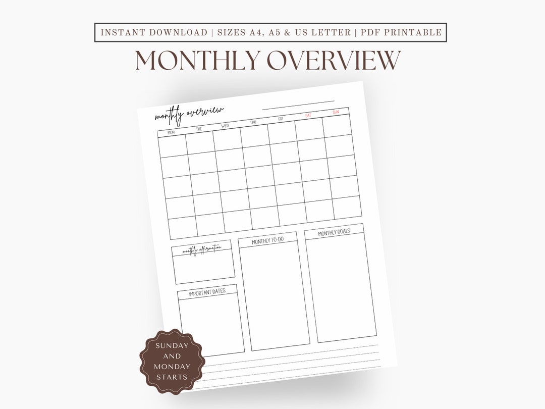 Monthly Overview, Printable Planner, Planner Insert. Goodnotes Planner ...