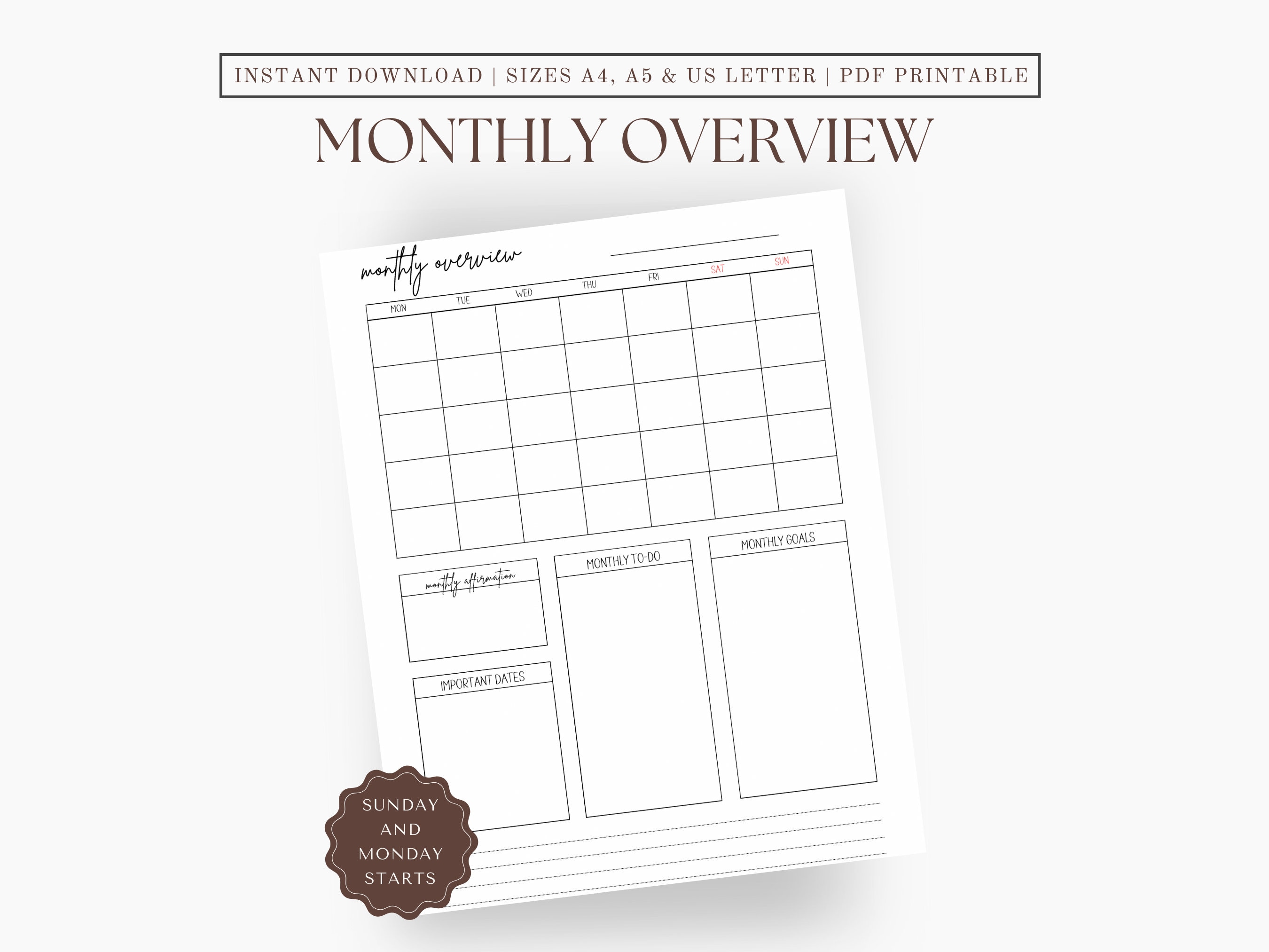 Monthly Overview, Printable Planner, Planner Insert. Goodnotes Planner ...
