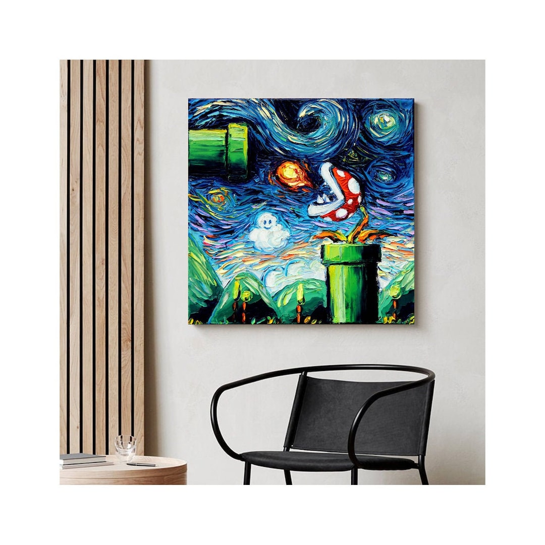 Mario Starry Night Canvas, Mario Bros Glass Art, Mario World Home Decor ...