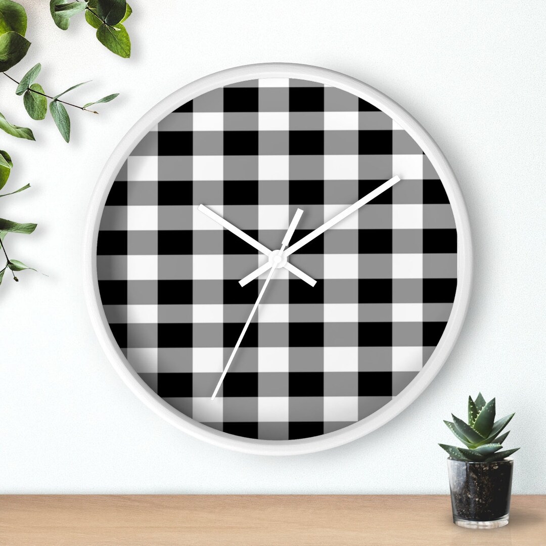 Farmhouse Wall Clock, Check Print Clock, Gingham, Plaid, Checker ...