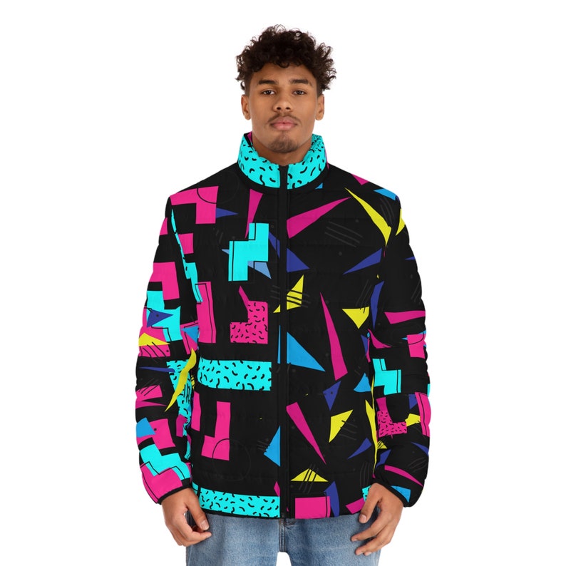 Colorblock Graphic Coat, 80s Puffer Jacket, Graphic Neon Jacket ...