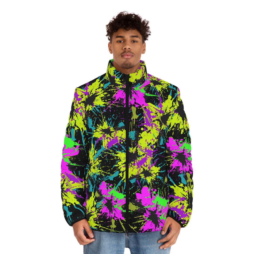 Neon Disco Jacket, Paint Splash Coat, Neon Raver Splatter Puff Jacket ...