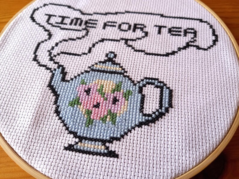 Teapot Cross Stitch Pattern, Time for Tea, Floral Sewing Design ...