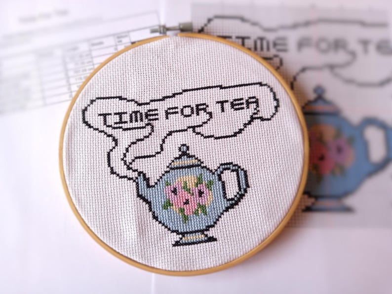 Teapot Cross Stitch Pattern, Time for Tea, Floral Sewing Design ...