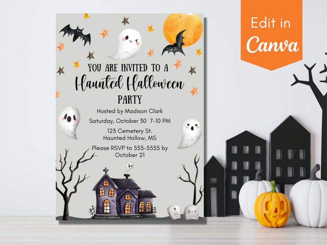 Editable Haunted House Halloween Party Invitation, Spooky Ghosts (canva ...