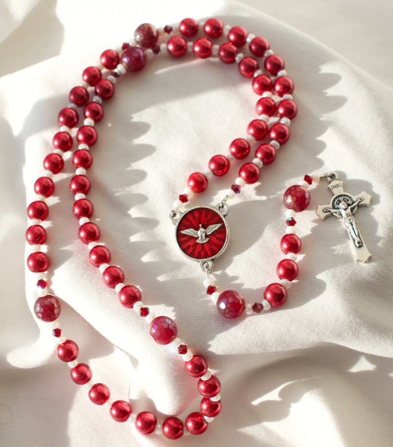 Confirmation,catholic,rosary,sacraments,red,silver,benedict,crucifix,wisdom,knowledge,counsel ...