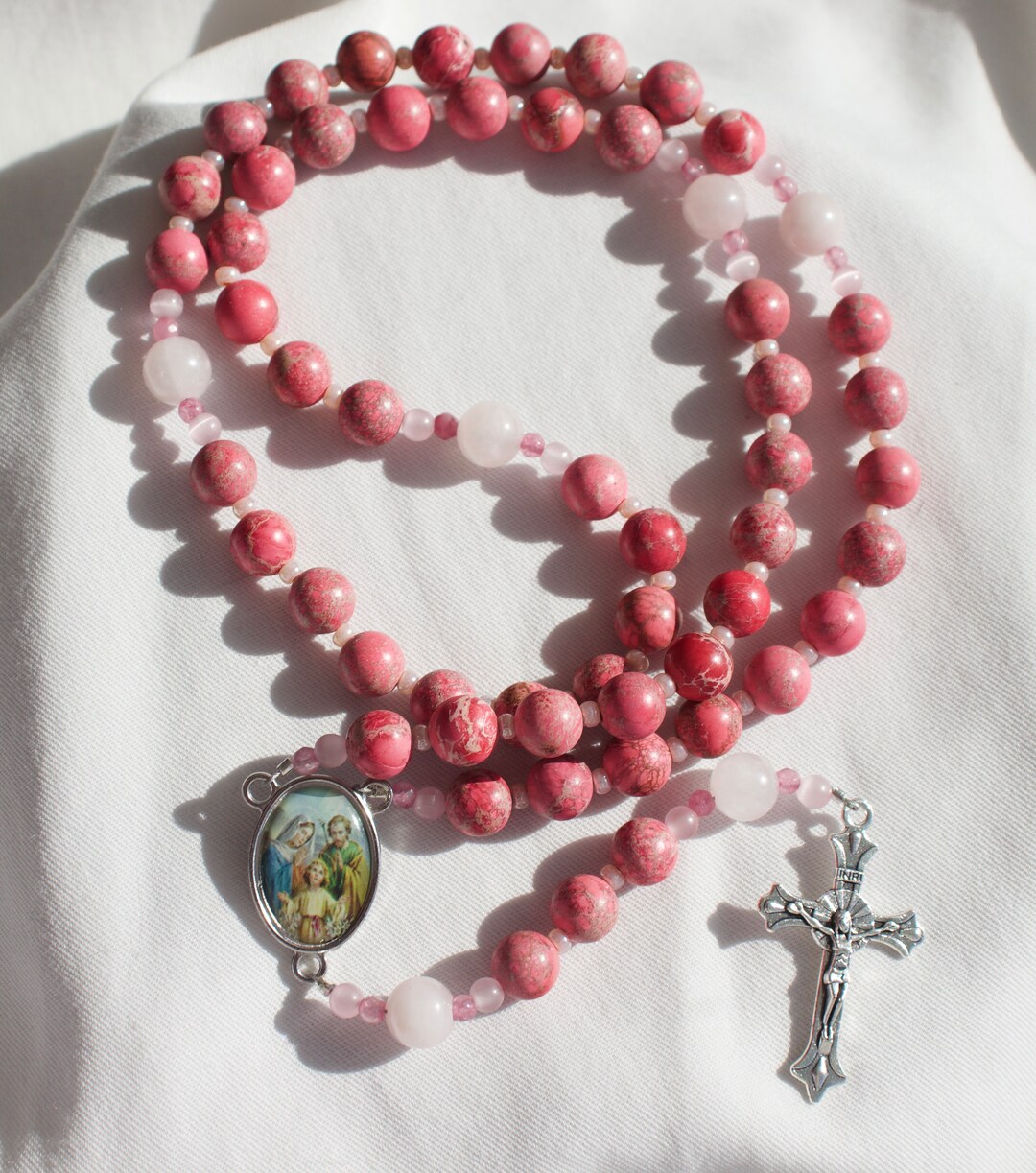 Pink,catholic,rosary,gold Crackle,crucifix,miraculous Medal,white,mary ...