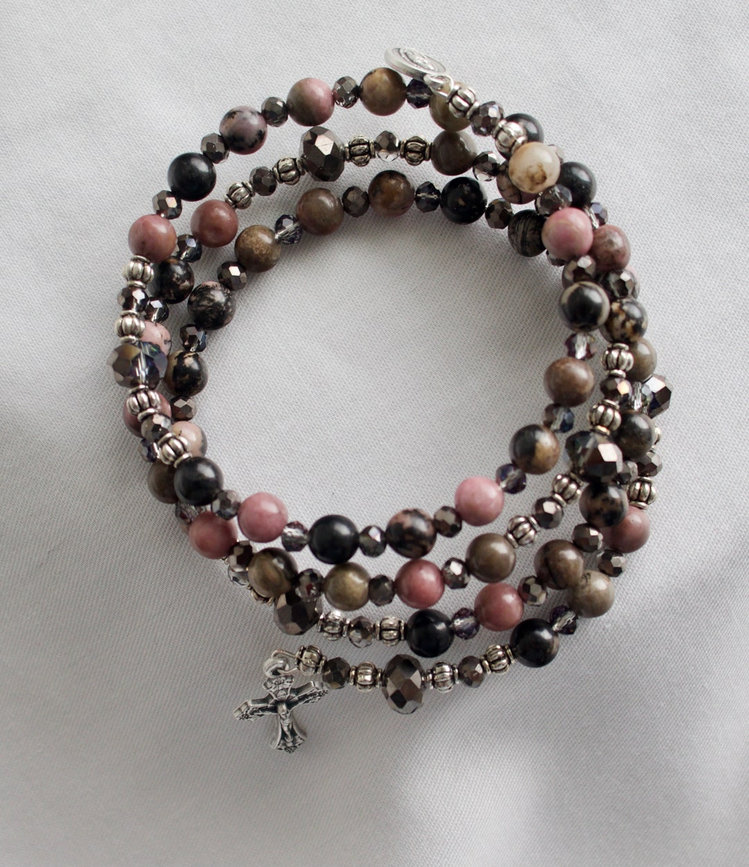 Catholic,rosary,wrap Around,memory Wire,five Decade,pink,brown,swirl ...