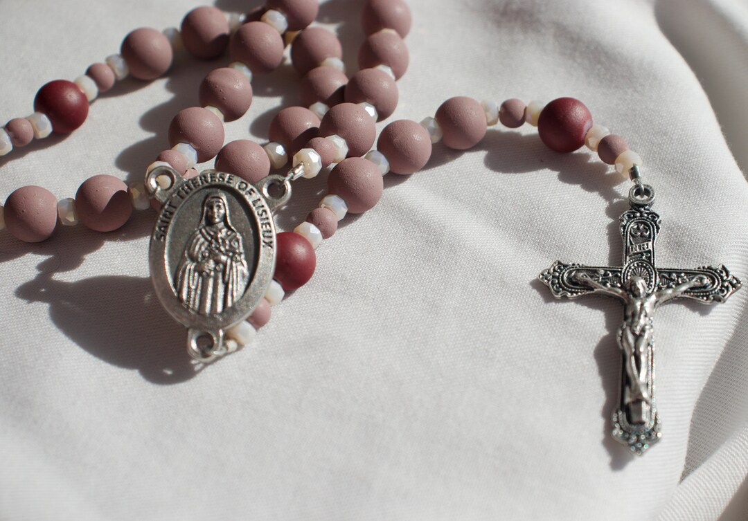 Catholic,rosary,matte Pink Glass Beads,silver,saint Therese of Lisieux ...