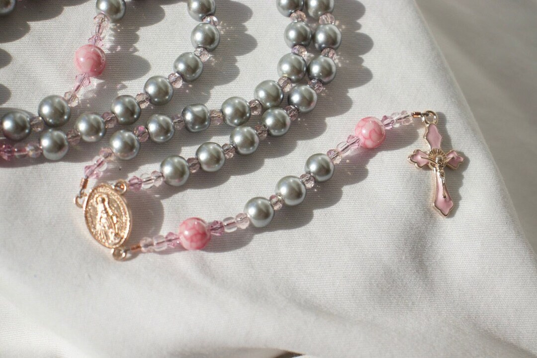 Catholic,rosary,prayer,miraculous Medal,pink Crucifix,gray,pearl,glass ...