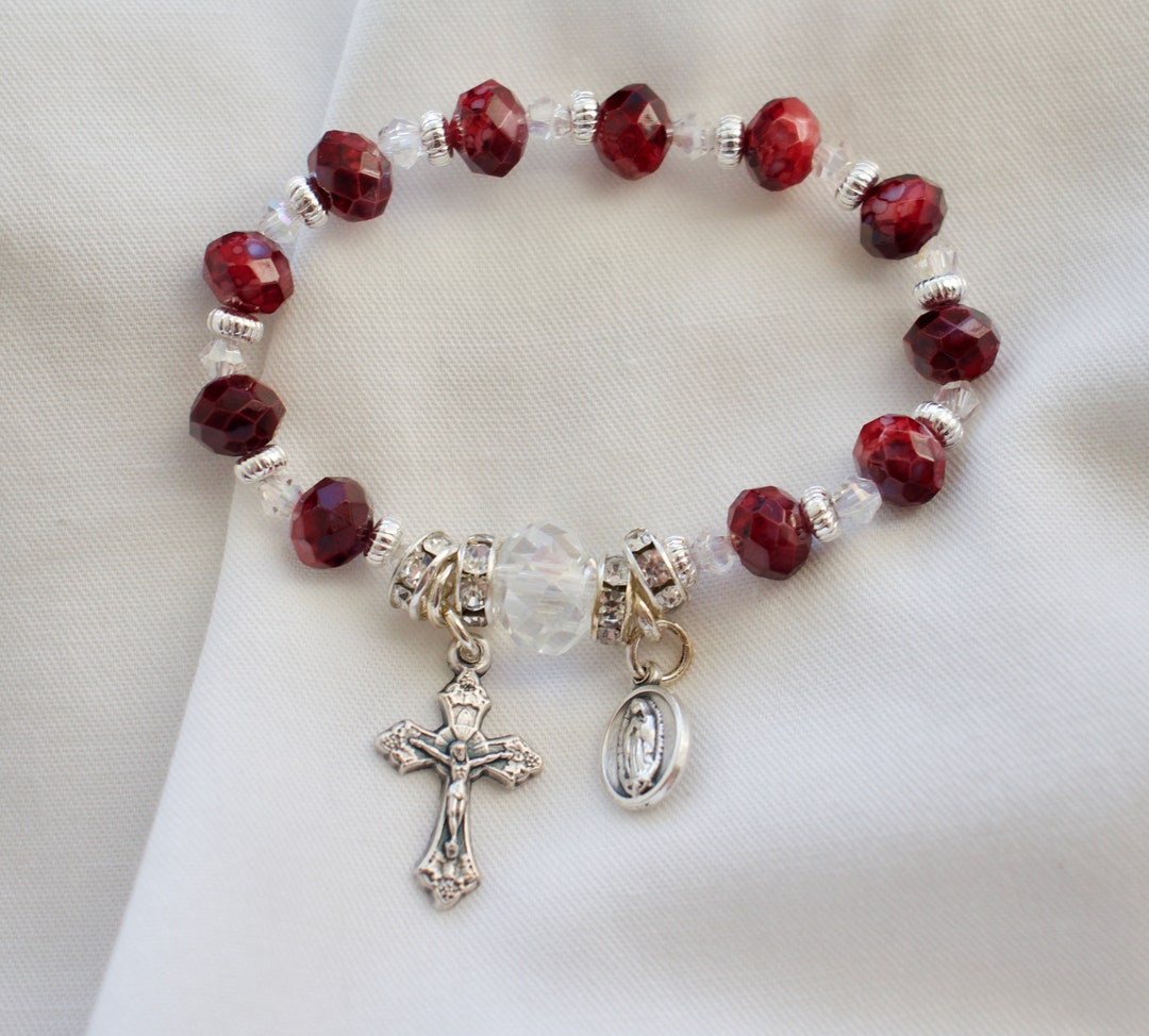 Catholic,rosary,stretch Bracelet,red,glass,crimson,our Lady of ...