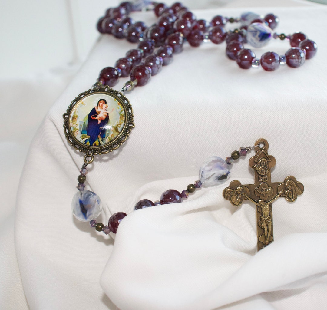 Catholic,rosary,purple,glass Beads,bronze,madonna,child Jesus ...