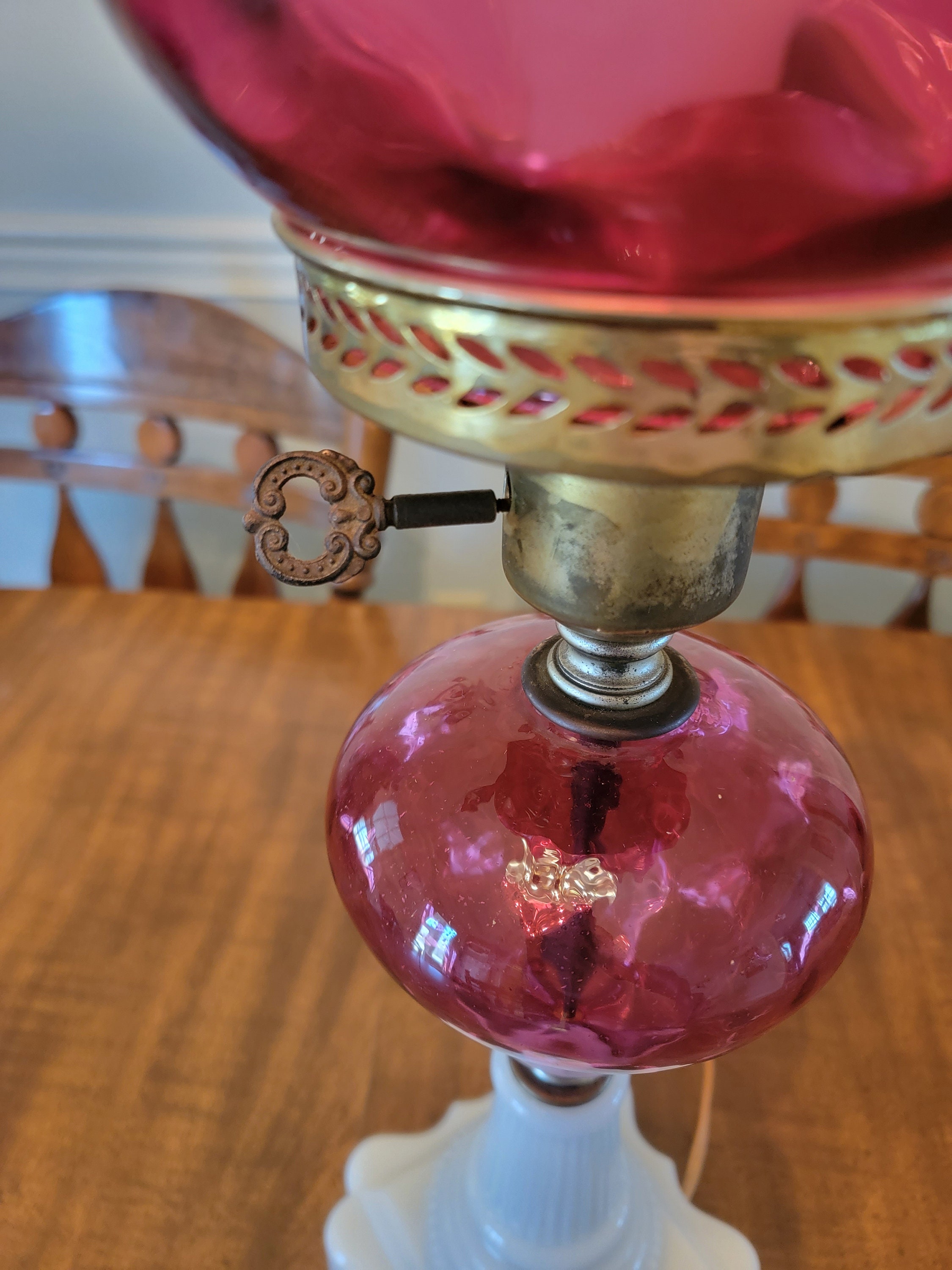 Vintage Working Fenton Cranberry Thumbprint Wave Shade Milkglass Base ...