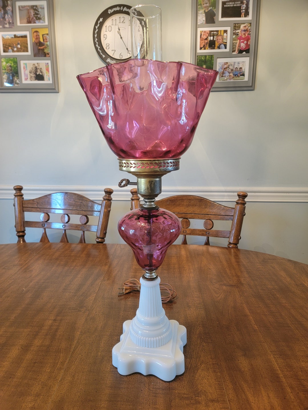 Vintage Working Fenton Cranberry Thumbprint Wave Shade Milkglass Base ...